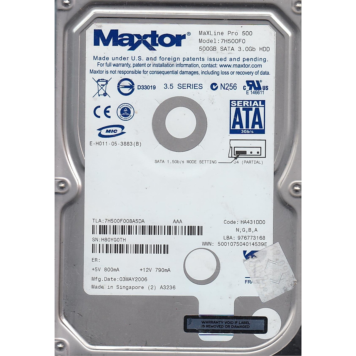 7H500F0, Code HA431DD0, NGBA, Maxtor 500GB SATA 3.5 Hard Drive