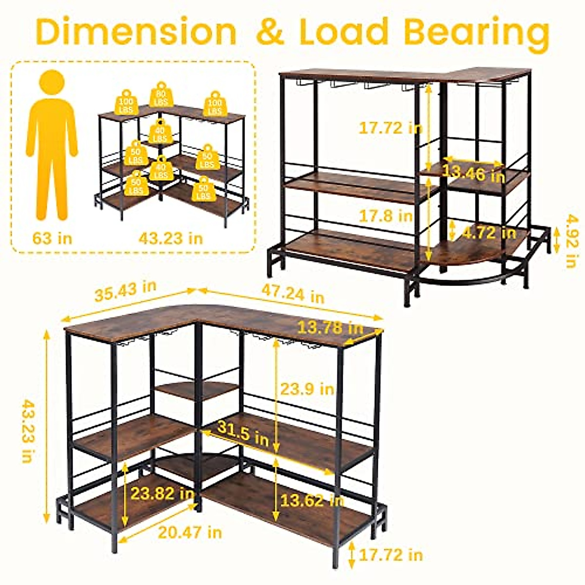 kepptory L-Shape Bar Table, 3-Tier Liquor Bar Table with Storage & Glasses Holder & Footrest, Farmhouse Wine Bar Cabinet for Home, FreeStanding Sideboard and Buffet Cabinet, Retro Brown