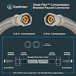 Eastman 96 Inch Steel-Flex Flexible Faucet Connector, 3/8 Inch x 3/8 Inch Compression Connection, Braided Stainless Steel Faucet Supply Line, 48082