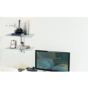 suptek 2 Tiers Glass Floating Shelves, Flat Black Wall Mount Bracket, AV Shelf, Media Shelf for DVD Player / PS4 / Cable Boxes/Game Consoles/Sky Box/TV Accessories, 17.6kg Load Capacity