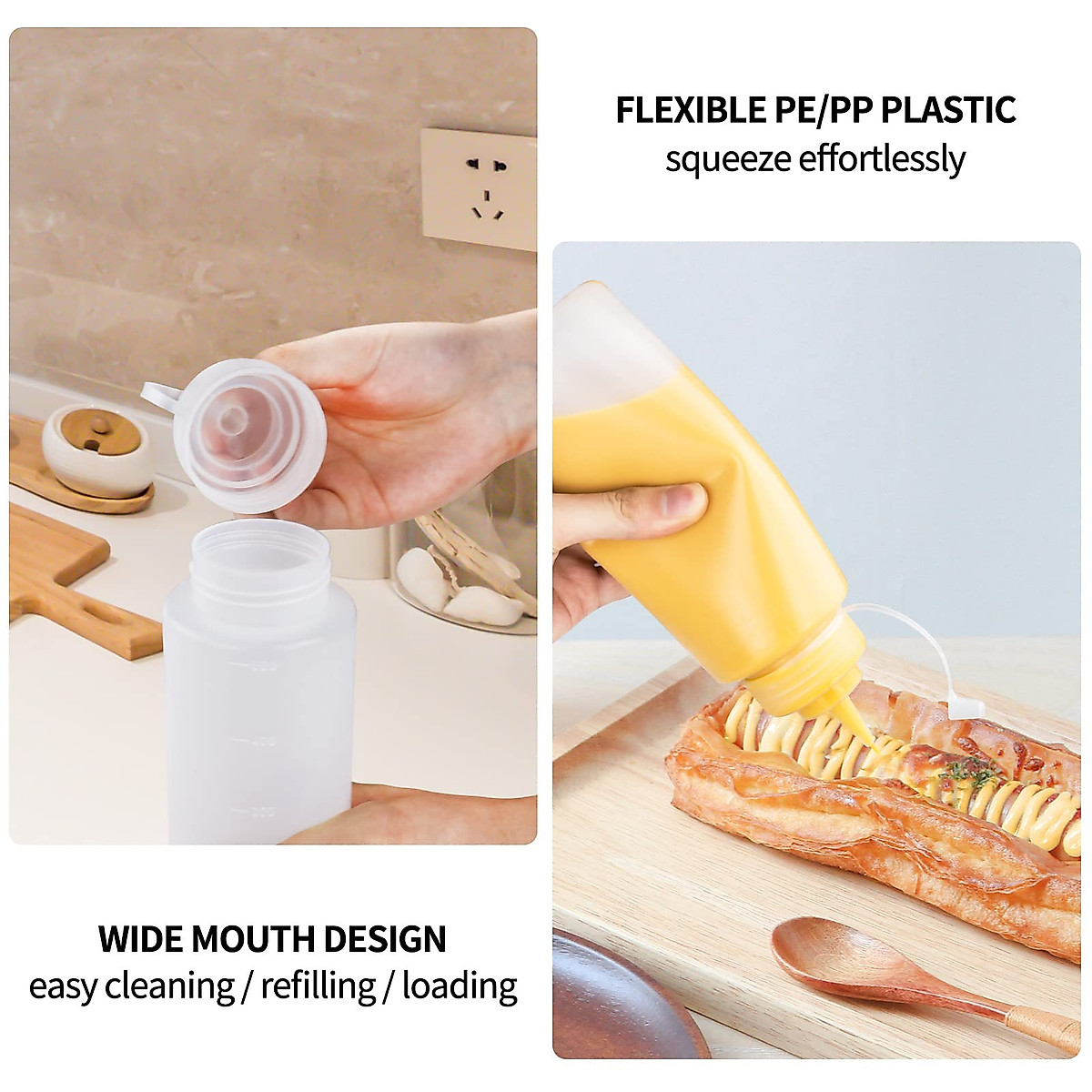 Squeeze Bottles for Sauces,16oz Plastic Bottles with Squeeze Top Set of 6 Refillable Clear Squeeze Bottle with Squirt Nozzle,Leakproof Lid and Measurements for Ketchup, Sauces, Cooking Oil, Syrup