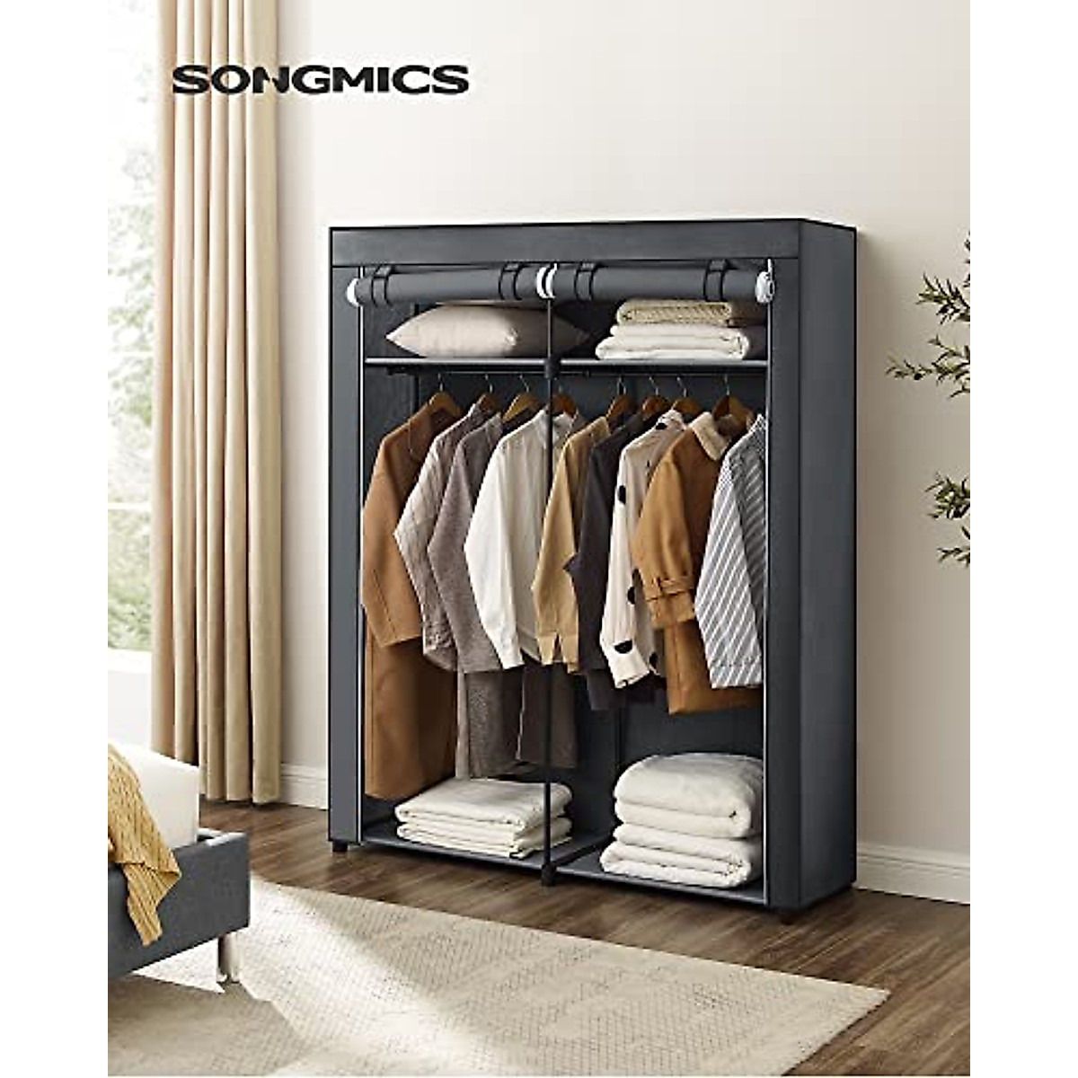SONGMICS 59-Inch Portable Closet and 55-Inch Portable Closet Bundle, Pair of Roll-Up Wardrobes, Closet Storage Organizers, Easy Assembly, Gray ULSF03G and URYG02GY