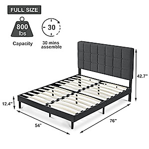 Molblly Full Size Bed Frame with Upholstered Headboard, Platform Bed Frame with Sturdy Wood Slat, Linen Fabric Wrap, Non-Slip and Noise-Free,No Box Spring Needed, Easy Assembly, Grey