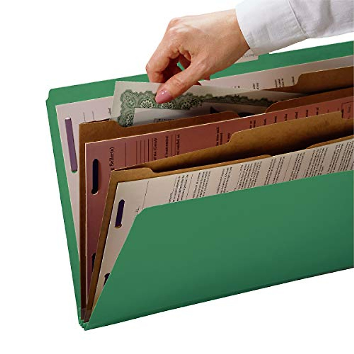Smead Pressboard Classification File Folder with SafeSHIELD Fasteners, 2 Pocket Dividers, 2" Expansion, Letter Size, Green, 10 per Box (14083)