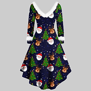 Red Dresses for Women Sexy Santa Christmas Printed Midi Dresses Furry V-Neck A-Line Swing Party Dress Cosplay Costume