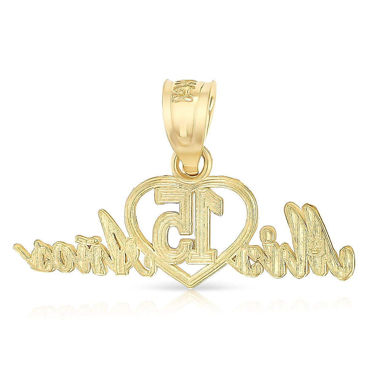 14K Two Tone Gold Sweet 15 Years Quinceanera Heart Mis 15 Anos Charm Pendant with 1.5mm Valentino Chain Necklace - 22"