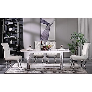 Anewsun Dining Chairs, White Velvet Upholstered Dining Room Chairs Set of 6, Crystal Decor Button Tufted Dining Chairs with Silver Mirror Legs