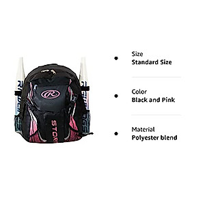 Rawlings Storm Girls Softball Bag - Sized for Youth Softball Backpack for Girls or TBall Bag – Holds Two Bats – Includes Hook to Hang on Fence - Black and Pink