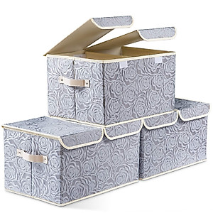 PRANDOM Large Foldable Storage Bins with Lids Fabric Decorative Storage Box Cubes Organizer Containers Baskets with Cover Handles Removable Divider for Home Closet 17.3x11.8x9.8 Inch 3 Pack