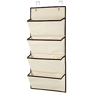 mDesign Soft Fabric Over The Door Hanging Storage Organizer with 4 Large Pockets for Closets in Bedrooms, Hallway, Entryway, Mudroom - Hooks Included - Cream/Espresso Brown