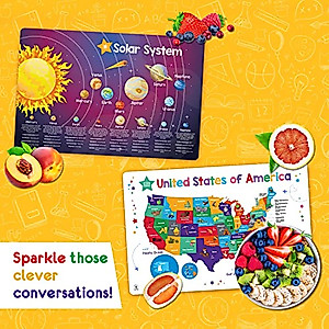 Simply Magic Discovery Set of 5 Educational Placemats for Kids - Kids Placemats Non Slip for Dining Table, Wipeable Reusable Plastic Placemats for Kids: USA, World Map, Periodic Table, Solar System