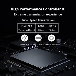 SSK Aluminum M.2 to USB NVMe SATA SSD Enclosure Reader, Tool-Free USB 3.2 Gen 2 10Gbps NVMe PCI-E 6Gbps SATA M-Key / B+M Key Solid State Drive External Adapter With UASP Trim, for SSDs 2242 2260 2280