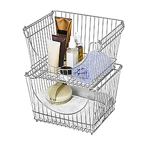 Smart Design Stacking Baskets with Handles - Set of 6 Large - Steel Metal Wire - Fruit Produce Vegetable Safe Storage Bin Organizer Pantry Counter Stand Rack - 12.5 x 8.5 Inch - Chrome