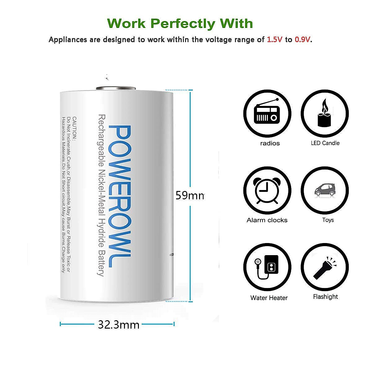 POWEROWL Rechargeable D Batteries 10000mah Low Self Discharge, NiMH, Pre-Charged, 4 Count (Recharge Universal)
