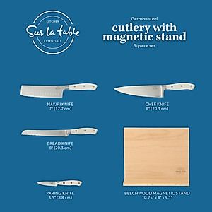 Sur La Table Kitchen Essentials 5 Piece German Steel Blade w/Triple Riveted Handle Set on Beechwood Magnetic Block - Linen White