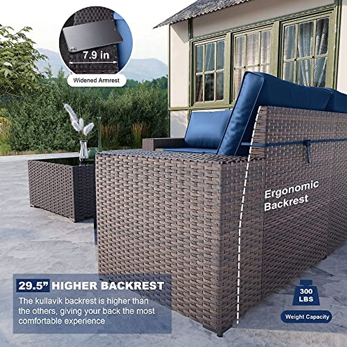 Kullavik Outdoor Patio Furniture Set 12 Pieces Sectional Rattan Sofa Set Brown PE Rattan Wicker Patio Conversation Set with 10 Navy Blue Seat Cushions and 2 Tempered Glass Table