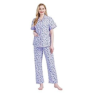 GLOBAL Women's 100% Cotton Pajama Sets | Two-Piece Soft Short-Sleeved and Long Pants PJs for Spring and Summer | Button Down Front Top and Drawstring Waist Bottom Nightwear
