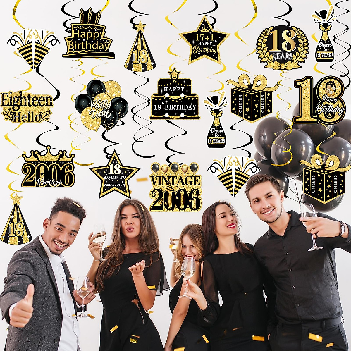 42PCS Black and Gold 18th Birthday Hanging Swirls Decorations for Boys Girls, Happy 18th Birthday Streamers Party Decorations, Vintage 2006 Eighteen Birthday Ceiling Decorations Hanging Whirls