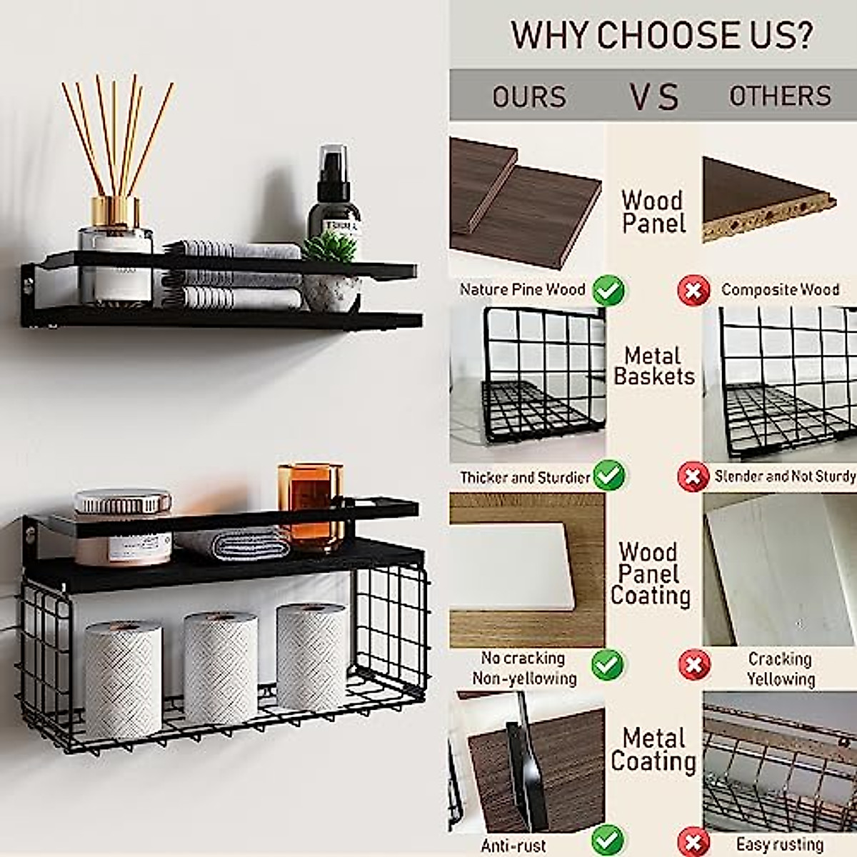 WXCGX Floating Shelves, Rustic Floating Shelves Wood Over Toilet with Paper Storage Basket, Farmhouse Wall Mounted Shelves Floating Shelf for Bathroom Bedroom Wall Decor Living Room Kitchen (Black)