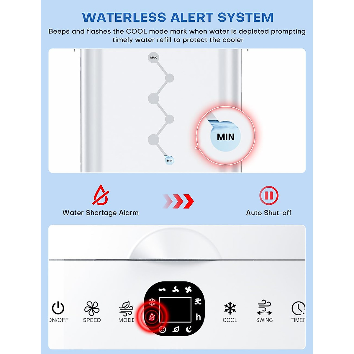 COOLECH Portable Air Conditioners w/Remote, 4 Modes & 3 Speeds, Waterless Alert System & 2.4-Gal Tank for 20H Cooling, 12H Timer for Auto Off, 3-IN-1 Evaporative Air Cooler for Room Bedroom Office