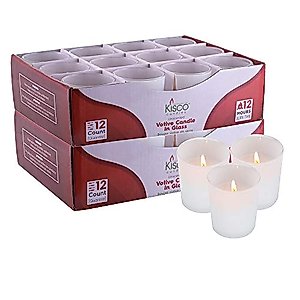 KISCO CANDLES Votive Candles with Holders 24-Pack 12 Hours | Frosted White Decorative Glass Home Décor | Beautiful Living Room, Kitchen, Bathroom Lighting | Long-Lasting Wax