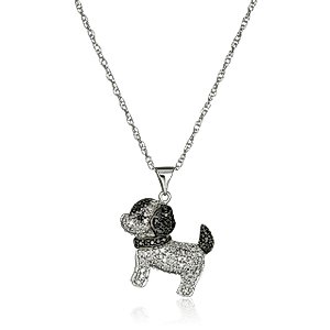 Amazon Essentials Sterling Silver White and Black Diamond Puppy Dog Pendant Necklace (1/2 cttw), 18", (previously Amazon Collection)