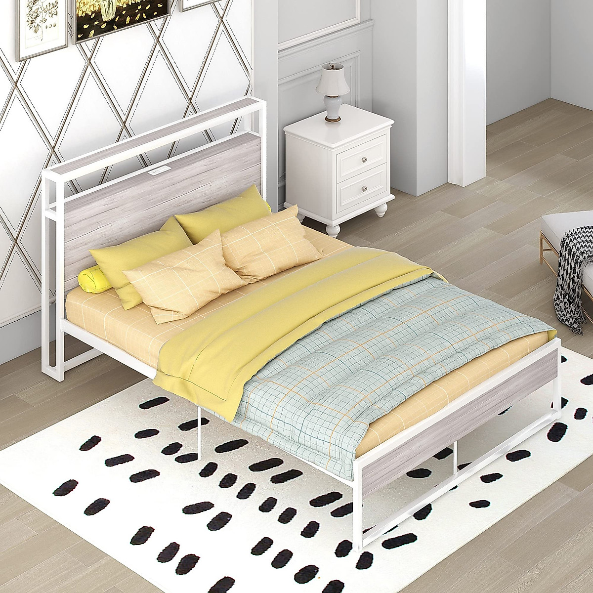 Bellemave Full Metal Bed Frame with Wooden Headboard and USB Ports Full Size Platform Bed 2-Tier Storage Headboard and Charging Station, Noise-Free, No Box Spring Needed, White