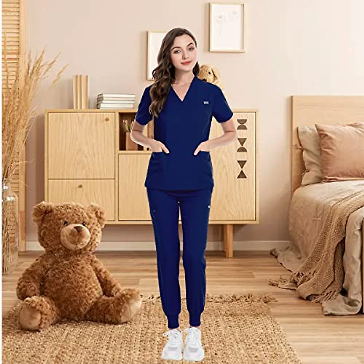 niaahinn Unisex Scrub Set Scrubs Top and Pants Medical Uniform V-Neck Top & Multi Pocket Pants (Navy Blue,M)