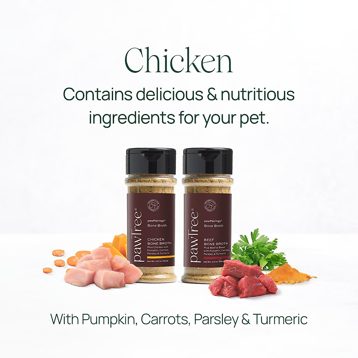 pawTree pawPairings Bone Broth Powder Food Topper & Flavor Enhancer for Any Cat or Dog Food - Source of Protein, Glycine and Antioxidants - Chicken Bone Broth - 3 oz
