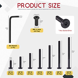 Hilitchi 84Pcs M6 Hex Drive Socket Cap Bolts Kit Countersunk Head Screws Bolts Dowel Barrel Nuts Crib Bolts Nuts Assortment Kit for Furniture Hardware Fitting (20/30/40/50/60/70/80mm)