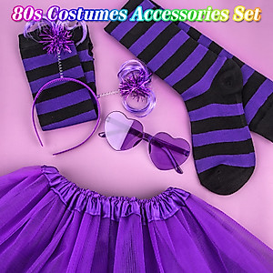 Womens Tulle Tutu Costume Set, Skirt Arm Leg Warmers Striped Socks, 80s Outfit Accessories Set for Women Party, C-Purple