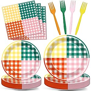 Lonfliness 96 Pcs Camp Gingham Paper Plates and Napkins Gingham Checkered Bachelorette Party Supplies Gingham Birthday Tableware Set Plaid Camping Themed Summer Party Favors Baby Bridal Shower Decor