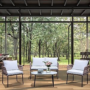 Homsido 4 Pieces Patio Furniture Set, Loveseat Beige Rope Woven Boho Porch Backyard Garden Balcony Outdoor Furniture Rattan Indoor Chairs and Table Wicker Conversation Set with White Cushions