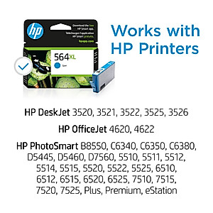 Original HP 564XL Cyan High-yield Ink | Works with DeskJet 3500; OfficeJet 4620; PhotoSmart B8550, C6300, D5400, D7560, 5510, 5520, 6510, 6520, 7510, 7520, Plus, Premium, eStation Series | CB323WN
