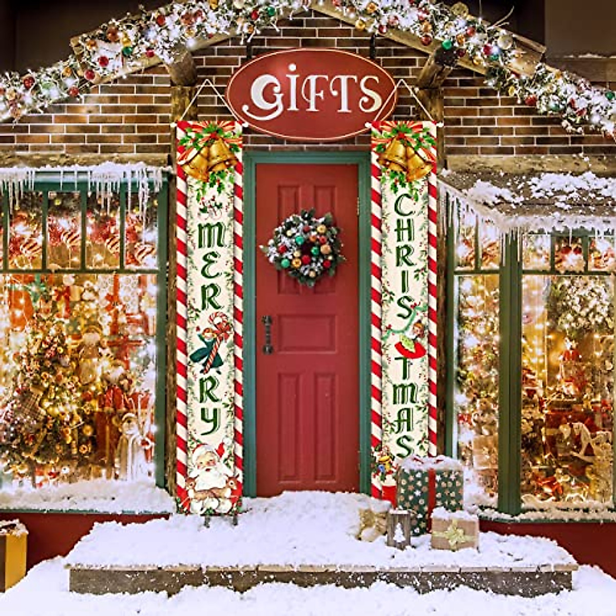 Christmas Porch Sign Decorations | Vintage Christmas Elf Hanging Banner with Santa Claus | Retro Merry Christmas Front Door Decor for Xmas Holiday Party Outdoor Indoor Yard Home