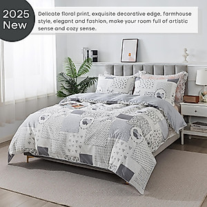 Lemfux 100% Cotton Floral Pattern Modern Theme Duvet Cover Set, Geometric Style Aesthetic White Soft Comforter Cover Set with Metal Zippers, Full Size, 3Pcs