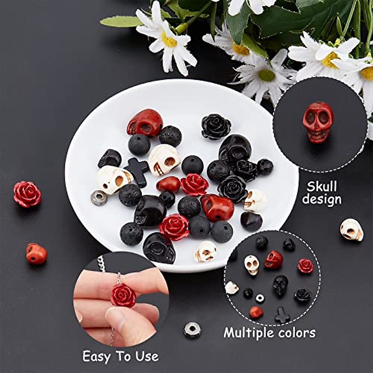 arricraft 203 Pcs Skull Gemstone Beads Kits, Natural Lava Rock Synthetic Turquoise Cross Beads Flower Rose Beads and Tibetan Style Beads for Jewelry Making Bracelets Necklaces DIY Crafts