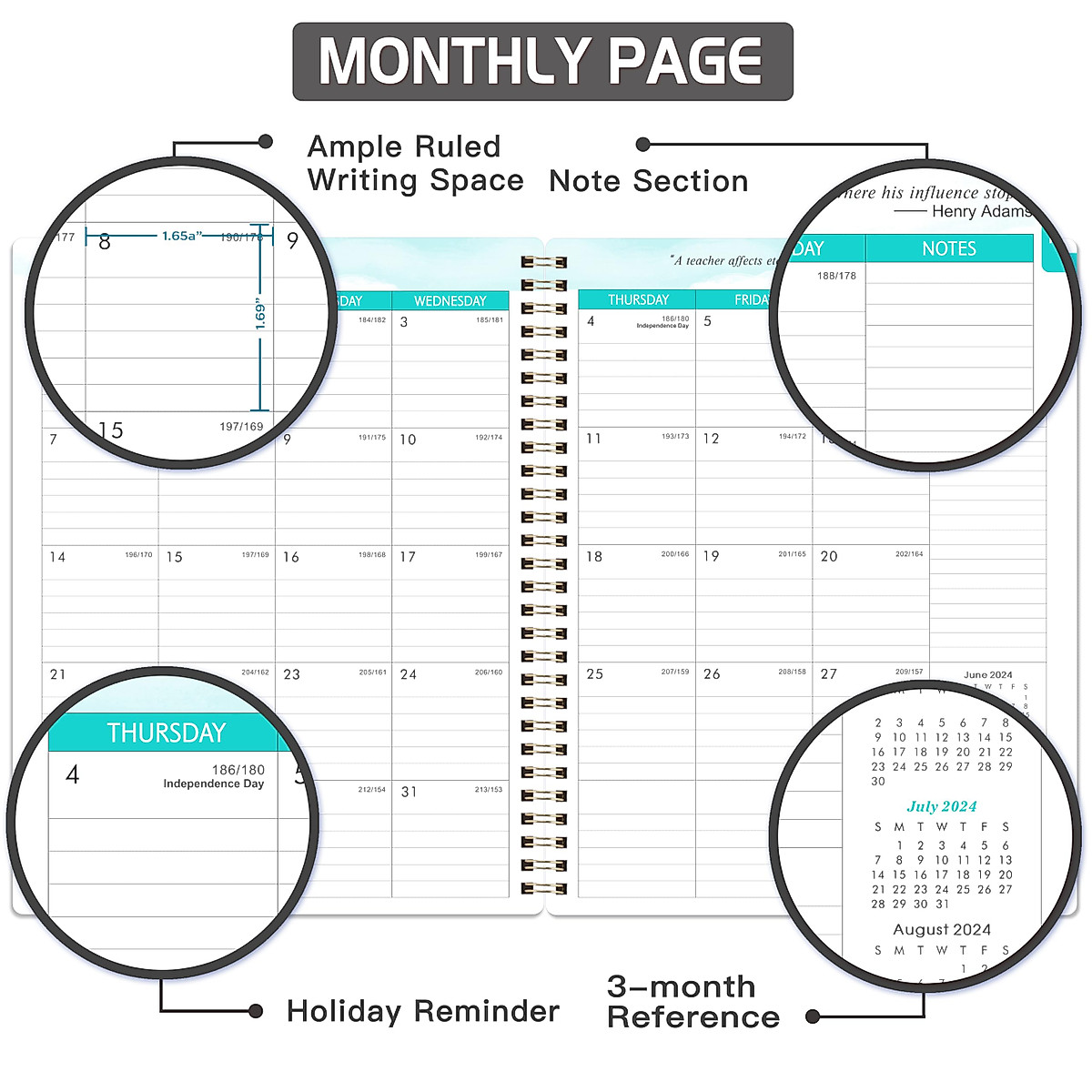 Teacher Planner 2024-2025 - Weekly & Monthly Lesson Plan Book, July 2024 - June 2025, 8" x 10", Academic Planner with Twin-Wire Binding for Teachers - Apple