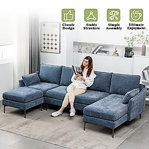 MELLCOM 115.4" Cloud Couch Sectional 4-Seat U Shaped Couch w/Chaise & Ottoman, Comfy Memory Foam Sectional Sofa in Washable Chenille Fabric, Modern Living Room Modular Sofa, Blue