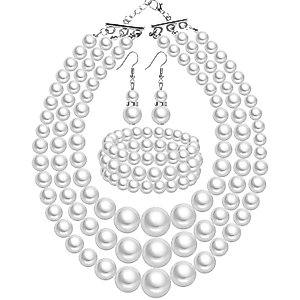 Haysandy 1920s Large Big Pearl Necklace Bracelet and Earring Wedding Faux Pearls Jewelry Set Multi Strand Simulated Pearl Necklace Chunky Pearls Costume Jewelry for Women Girls Bride Gift (White)