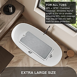 TEESHLY Bath Tub and Shower Mats, Non-Slip 40 x 16 Inch Extra Long Bath Mat, Machine Washable Bathtub Mat with Drain Holes, Suction Cups for Bathroom, Gray