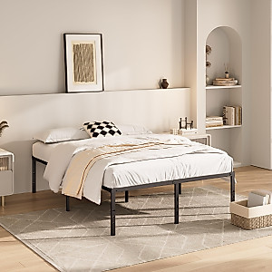 Jebosam Queen Bed Frame No Box Spring Needed 14 inch Heavy Duty Metal Platform Steel Support 2500 lbs Bed Frame Queen Size Non-Slip Noise Free Black Metal Bed Frame Queen Size