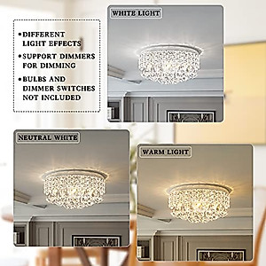 Maxax 4 Lights Crystal Chandelier, Modern Drum Ceiling Light Fixture Lamp, Raindrop Flush Mount Round Metal Shade, for Dining Room, Living Room, Bathroom, Bedroom, Chrome