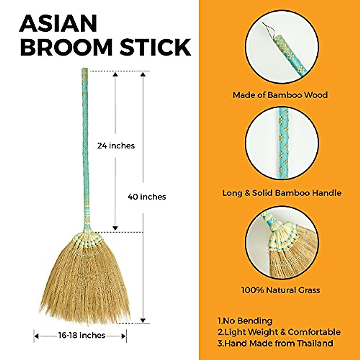 SN SKENNOVA - Asian Broom Thai Pattern Vintage Retro Natural Grass Broom Handmade (Blue)