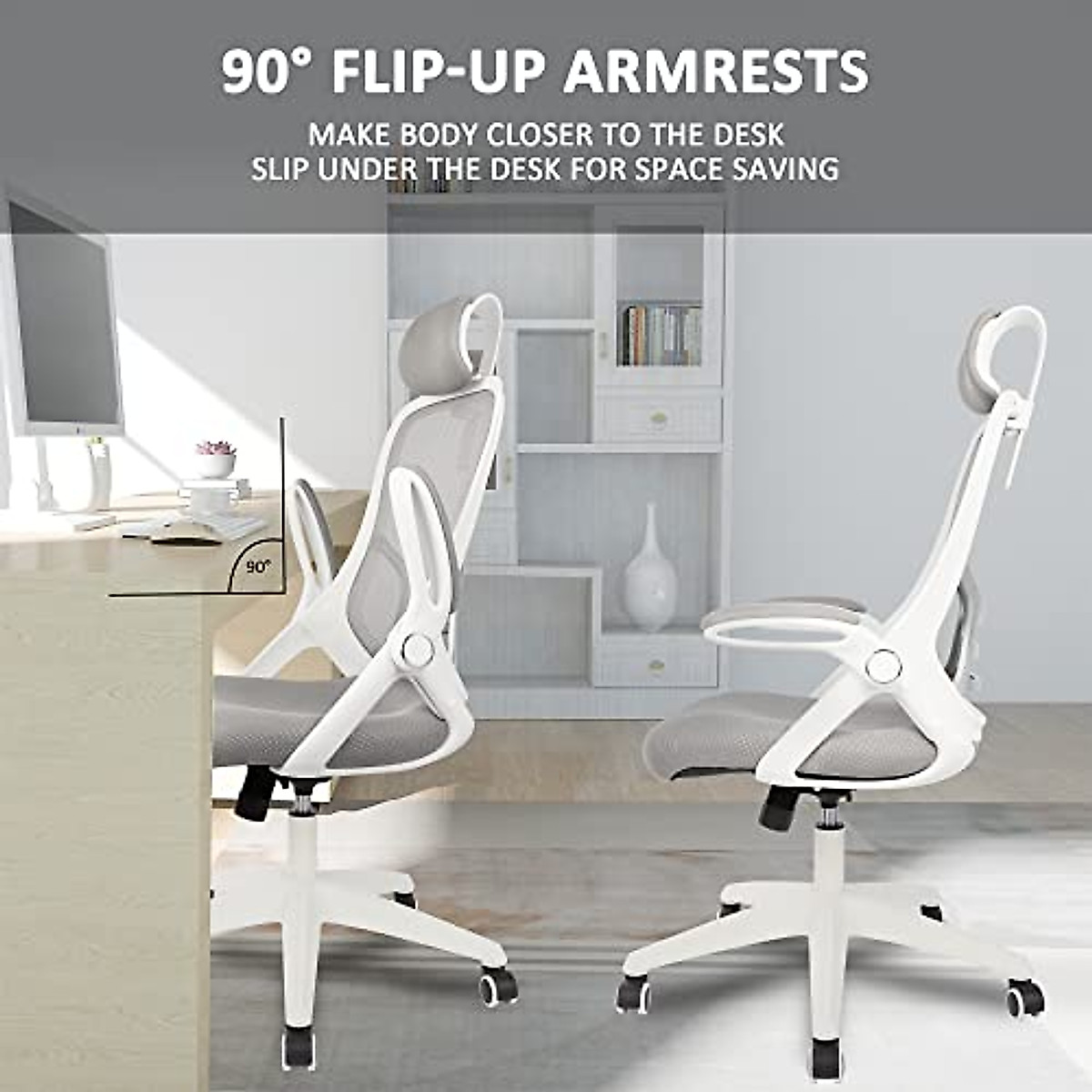 HYLONE Office Chair Executive Mesh Computer Desk Chair Comfortable with Headrest, Flip-up Arms, Adjustable Height, White