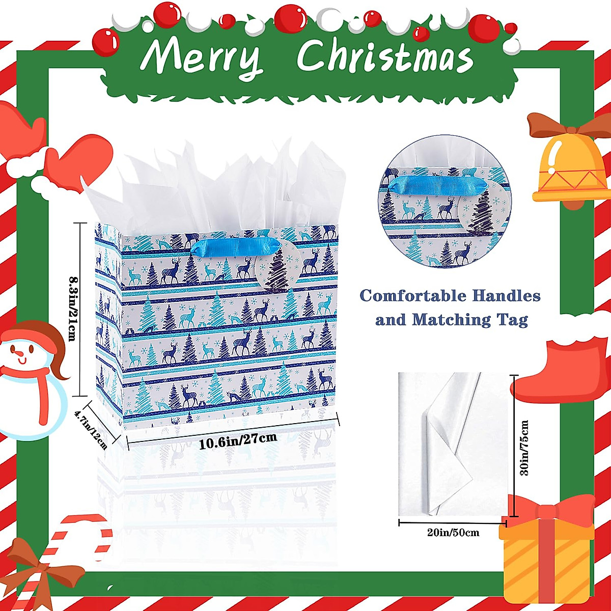 Elephant-package 18 Pack Christmas Gift Paper Bags with Tissue Papers Bulk, Medium Christmas Gift Bags Assorted Desgins with Handles and Tags Christmas Xmas Holiday Party Supplies.