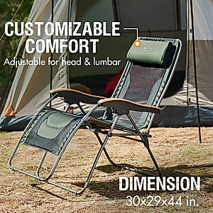 PORTAL Oversized Mesh Back Zero Gravity Reclining Patio Chairs, XL Padded Seat Folding Patio Lounge Chair with Adjustable Pillows and Cup Holder for Poolside Backyard/Lawn, Support 350lbs