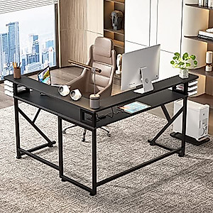 Tribesigns Computer Desk L Shaped with Led Lights & Power Outlet, 61 inch L-Shaped Computer Corner Desk with Monitor Stand, Ergonomic Home Office Gaming Desk with USB Port & Hook (Black)