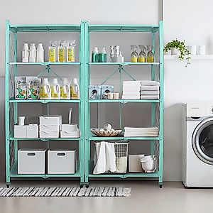 Track Seven 5-Tier Storage Shelving Unit w/Hooks and Wheels, 27.9"x13.4"x62.5", Standing Foldable Storage Rack, Metal, Kitchen, Garage, No Assemble Require (Blue)