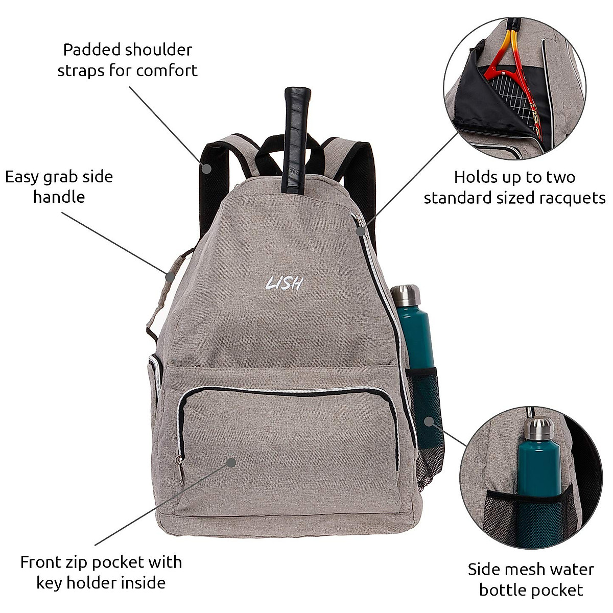 LISH Game Point Tennis Backpack w/Shoe Compartment - Racket Holder Equipment Bag for Tennis, Racquetball, Squash (Grey)